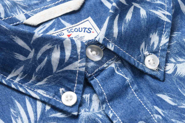 Leaf Discharge Print Denim Short Sleeve Shirt / Dark Blue – Island ...